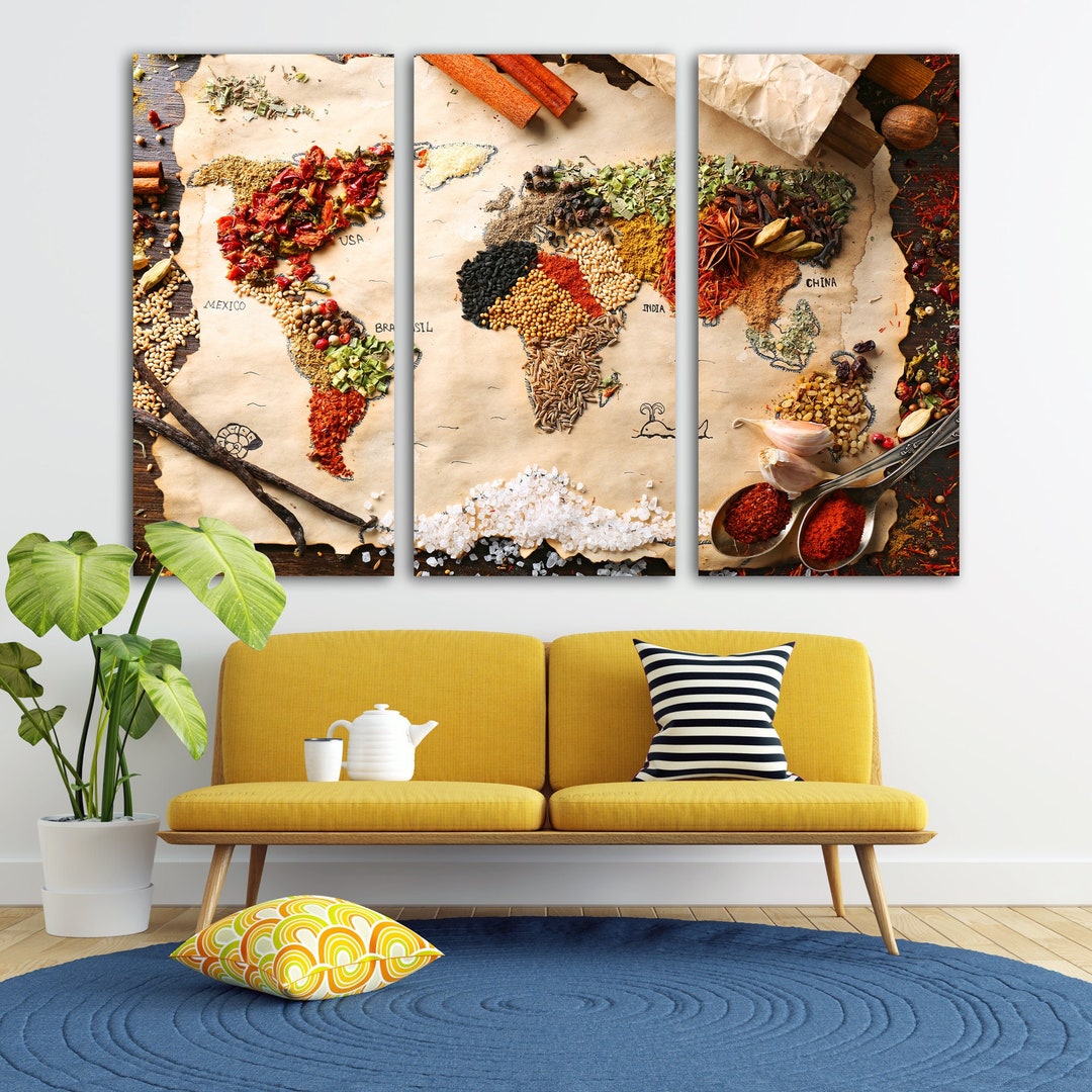 World Spice Map Canvas Wall Art, Map of Salt & Spices Map, 3 Panel ...