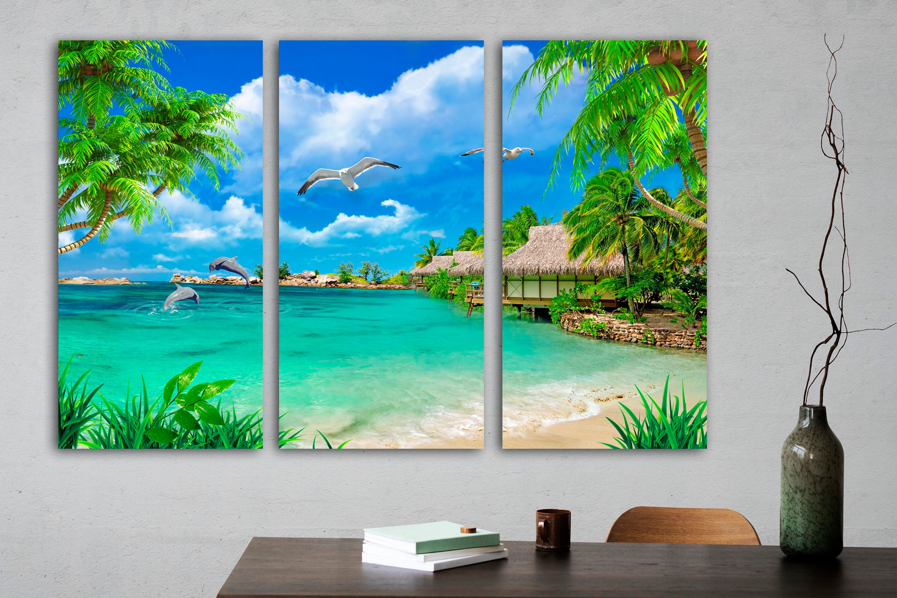 Tropical Beach Wall Art, Tryptic Tropical Beach Wall Art, Multi Panel ...