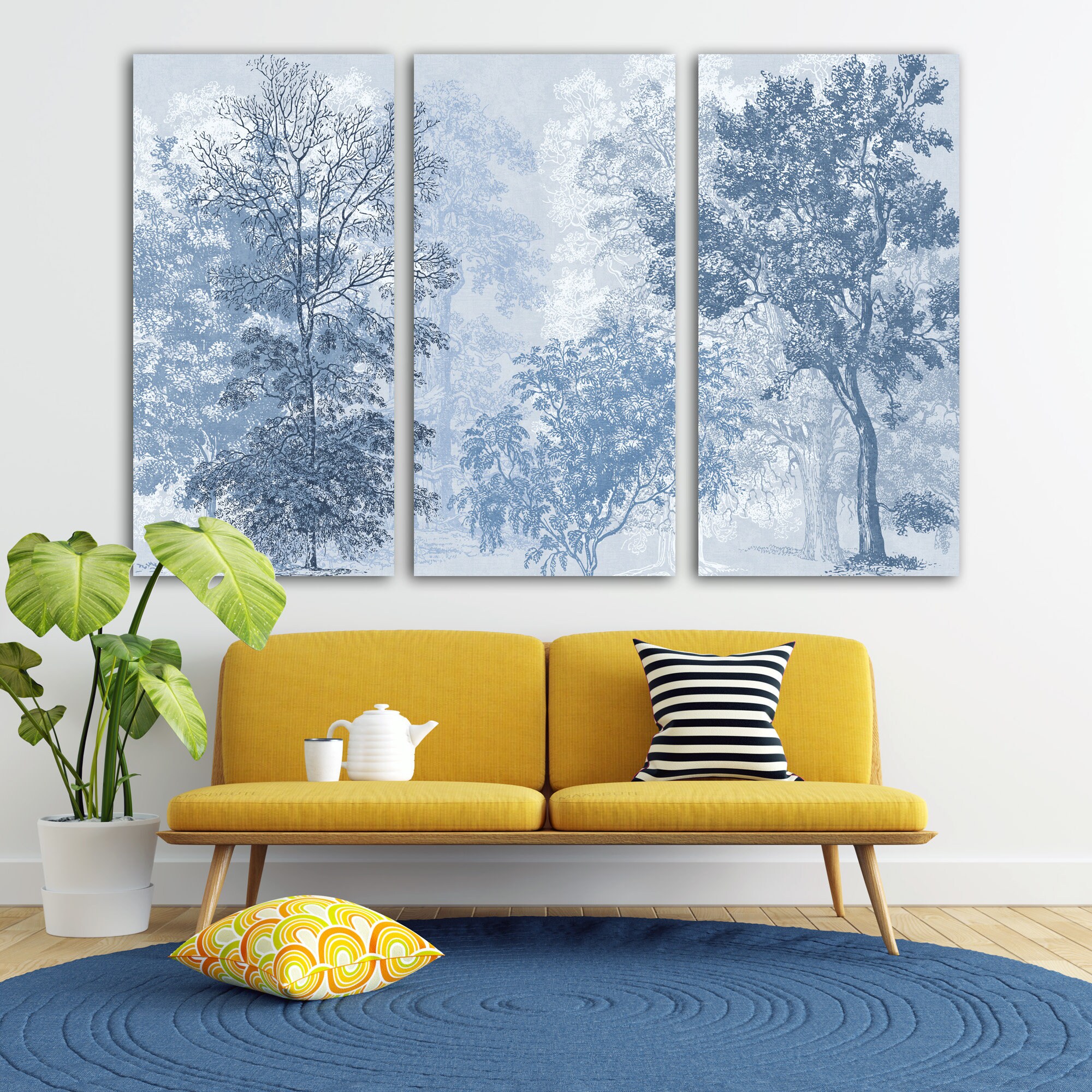 Blue Trees Wall Art, Blue Floral Canvas Wall Art, 3 Panel Blue Tree ...