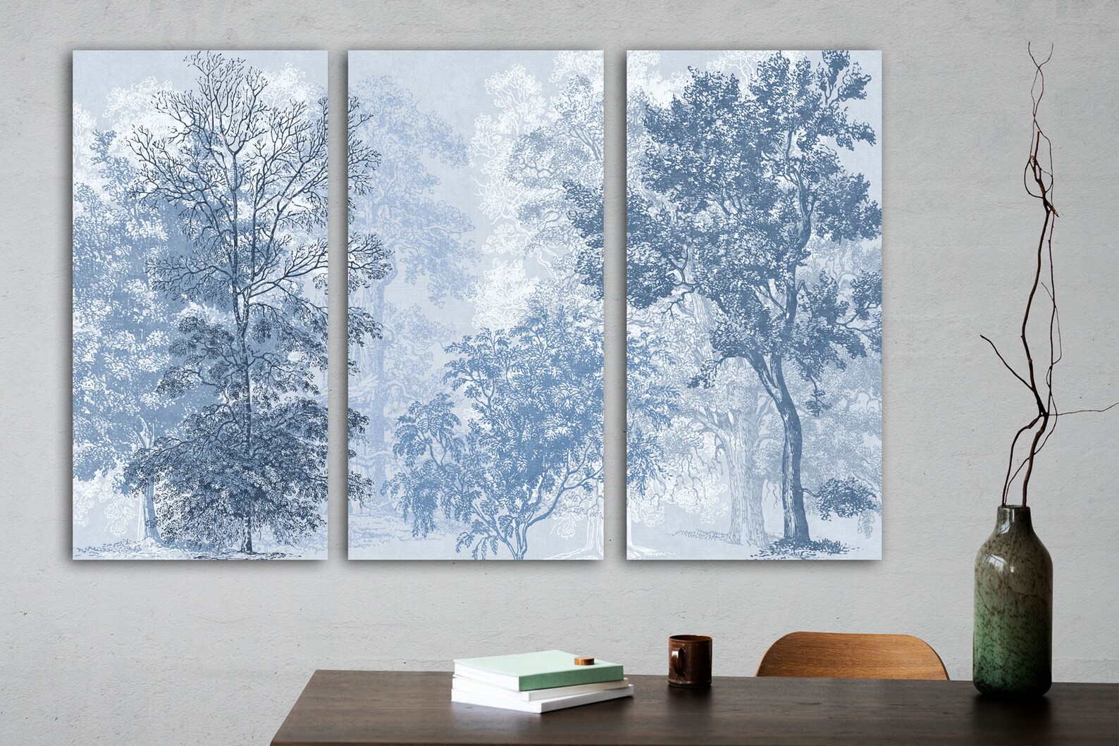 Blue Trees Wall Art, Blue Floral Canvas Wall Art, 3 Panel Blue Tree ...