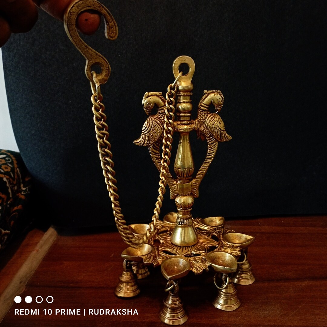 Brass Hanging Diya With Bells- 25" Inch, Brass Oil Lamp for Home Temple ...