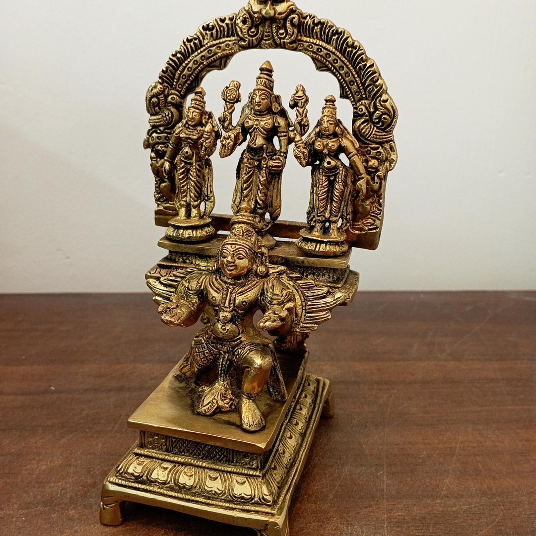 Brass Perumal With Sridevi, Bhudevi Standing on Garuda Handmade Lord ...