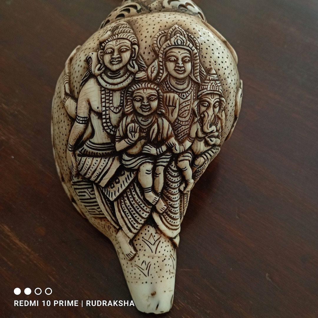 Shiva Family Conch Shell: 7" Spiritual Puja Blowing Shankh - Etsy