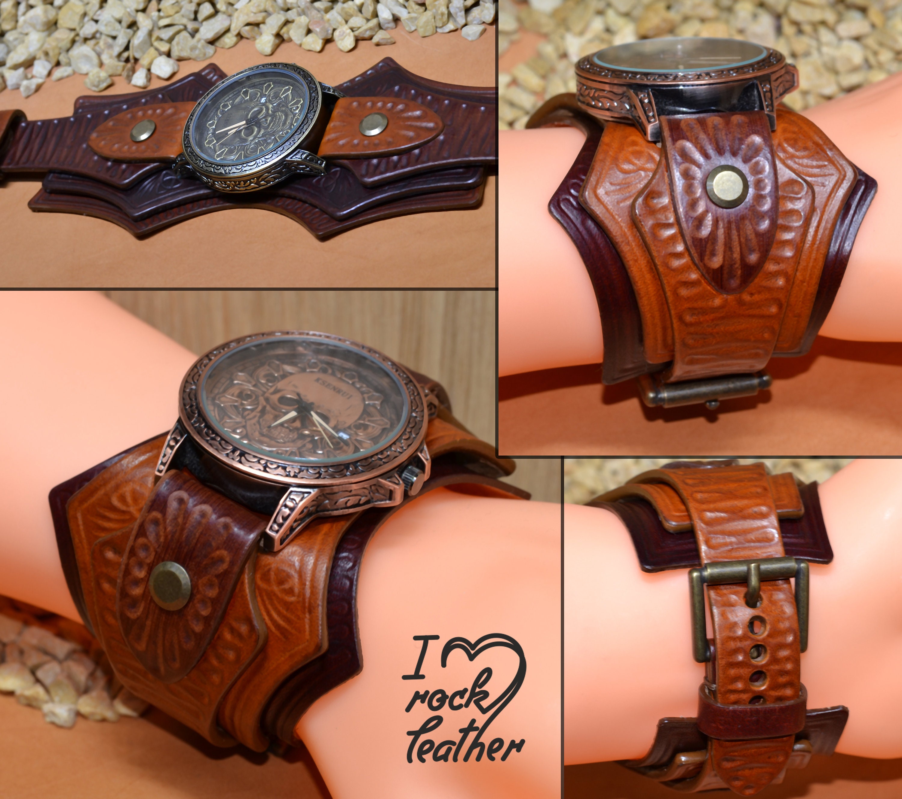 Brown Leather Cuff Watch, Skull Watch, Personalized Leather Bracelet ...