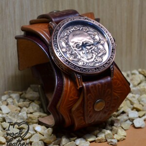 Brown Leather Cuff Watch, Skull Watch, Personalized Leather Bracelet ...