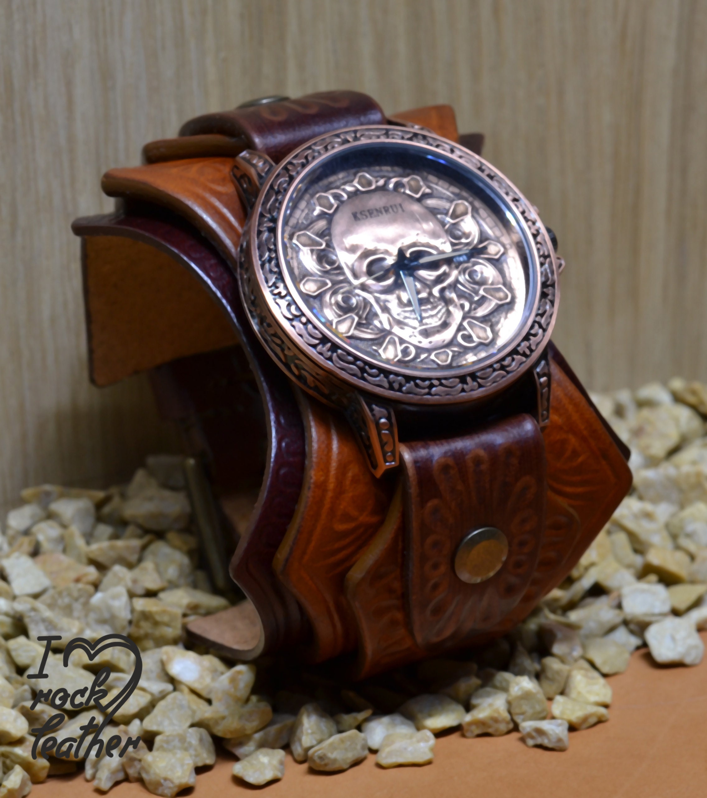 Brown Leather Cuff Watch, Skull Watch, Personalized Leather Bracelet ...