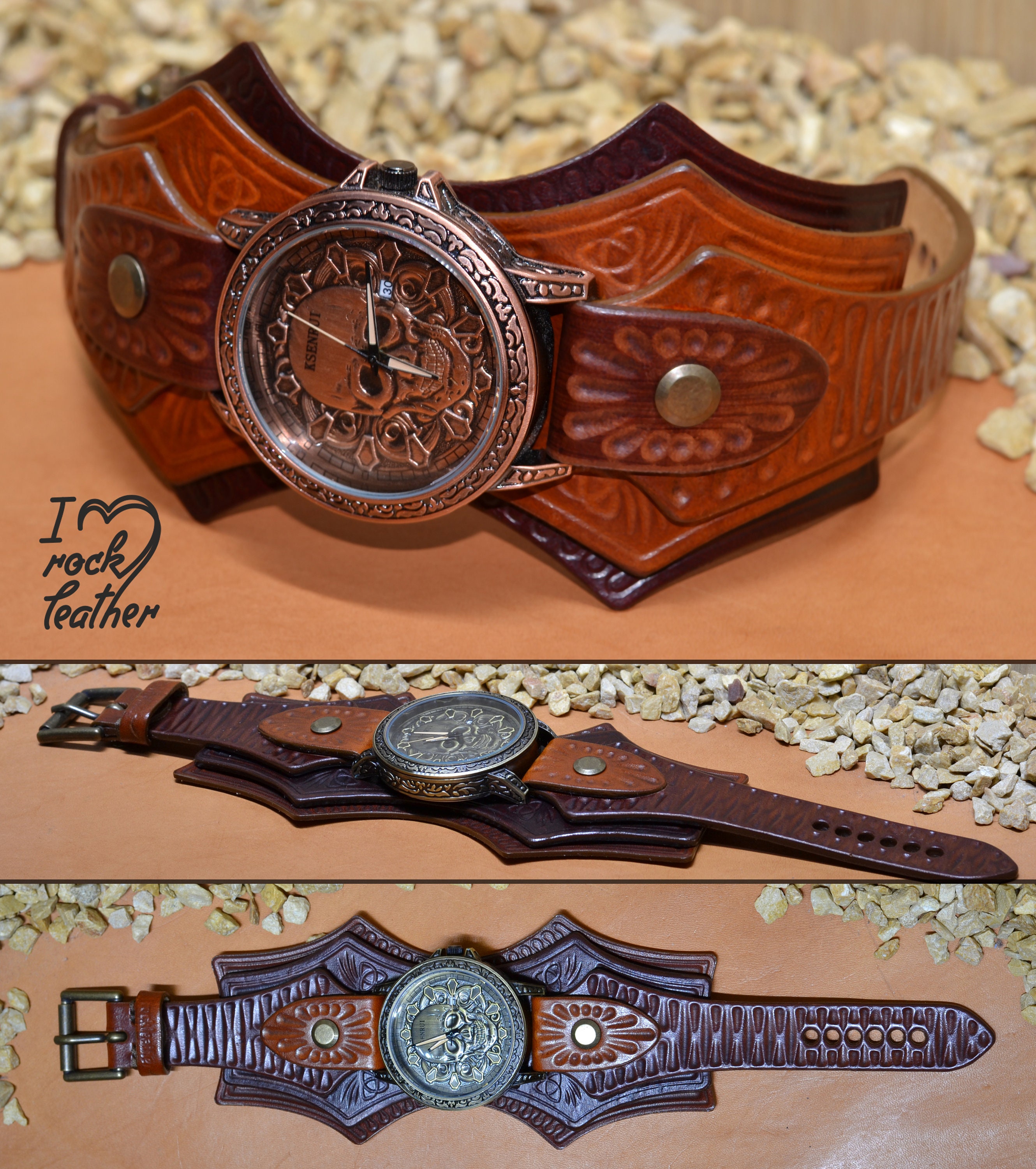 Brown Leather Cuff Watch, Skull Watch, Personalized Leather Bracelet ...