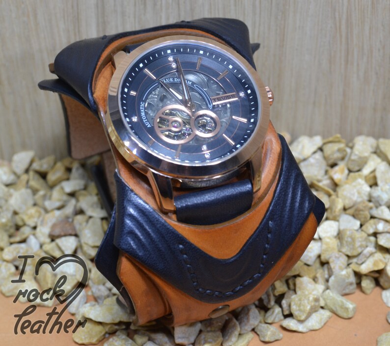 Luxury Personalized Leather Cuff With Skull Watch, Skeleton Watch ...