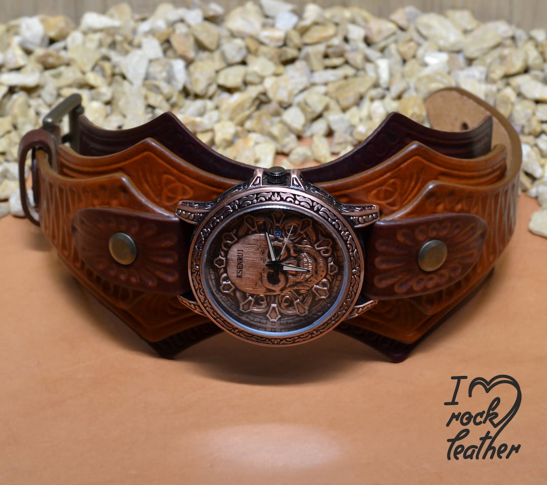 Brown Leather Cuff Watch, Skull Watch, Personalized Leather Bracelet ...