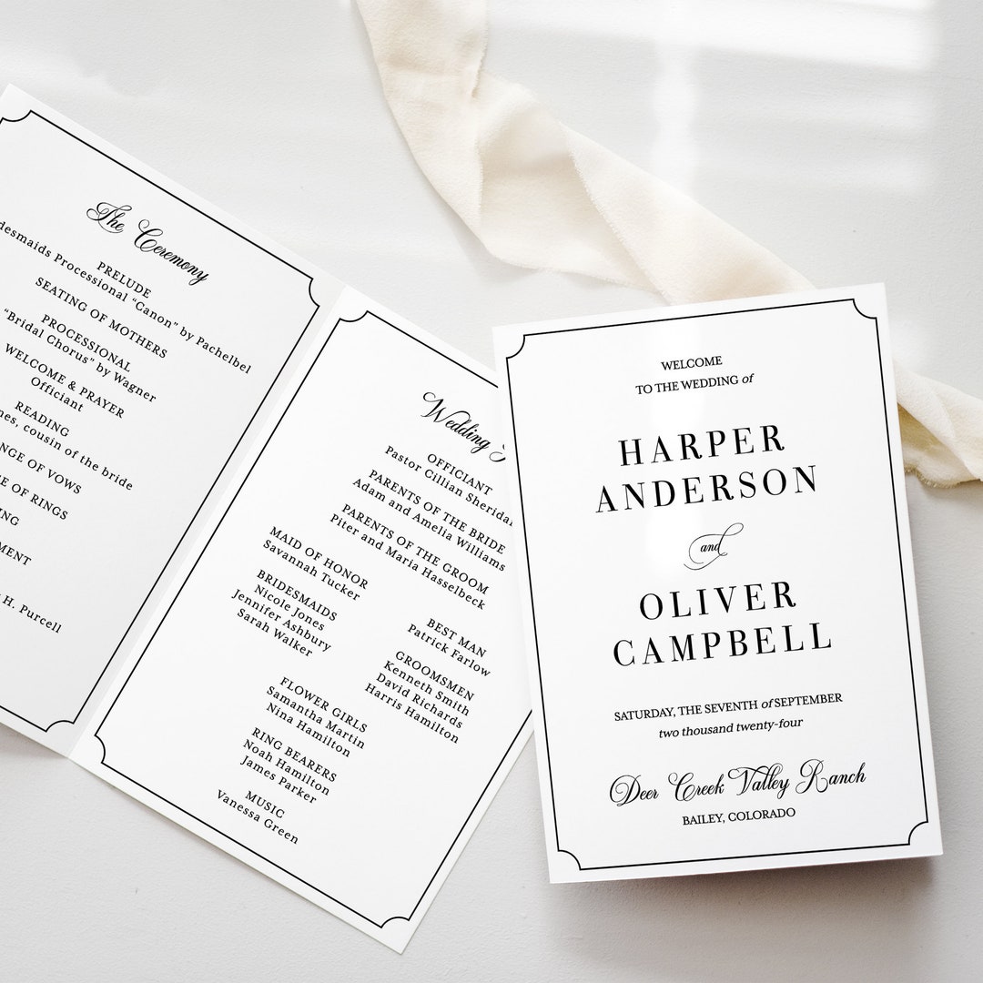 Elegant Bi-fold Wedding Program Template With Frame - Black White 4 ...