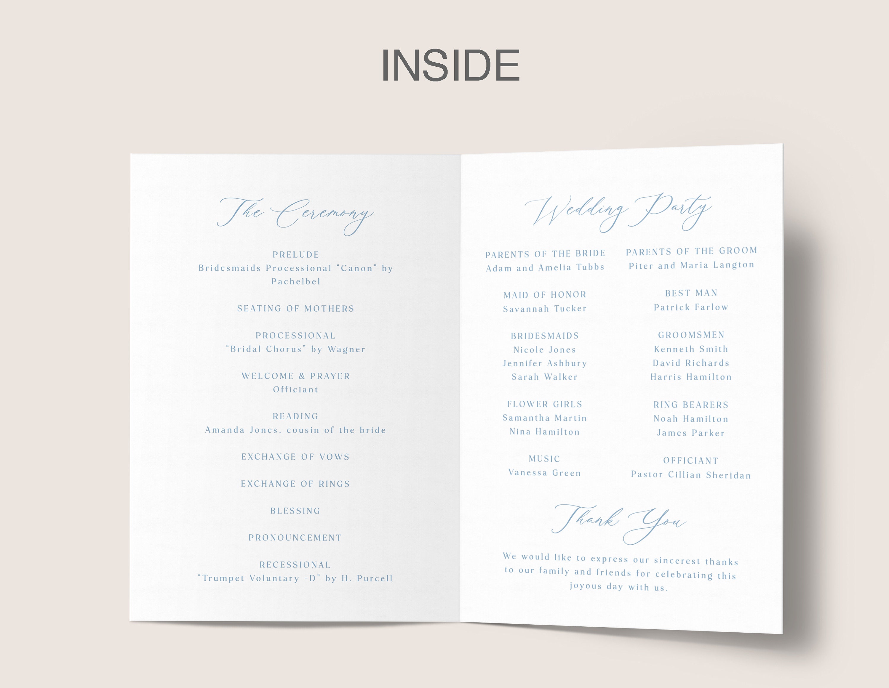 Dusty Blue Bi-fold Wedding Program Template 4 Pages Monogram Folded ...
