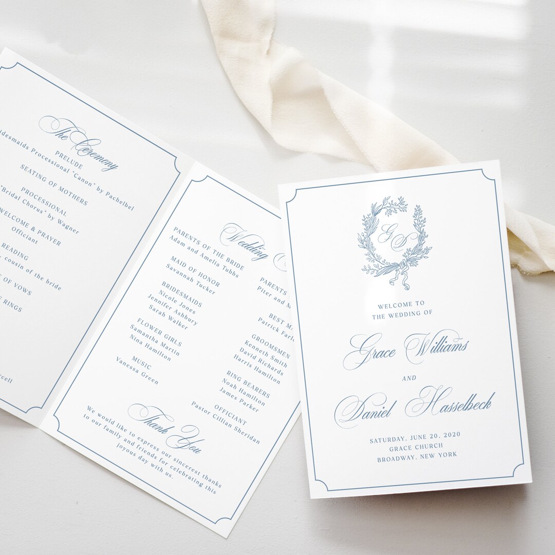 Vintage Bi-fold Wedding Program Template - Initial Crest, Dusty Blue 4 ...