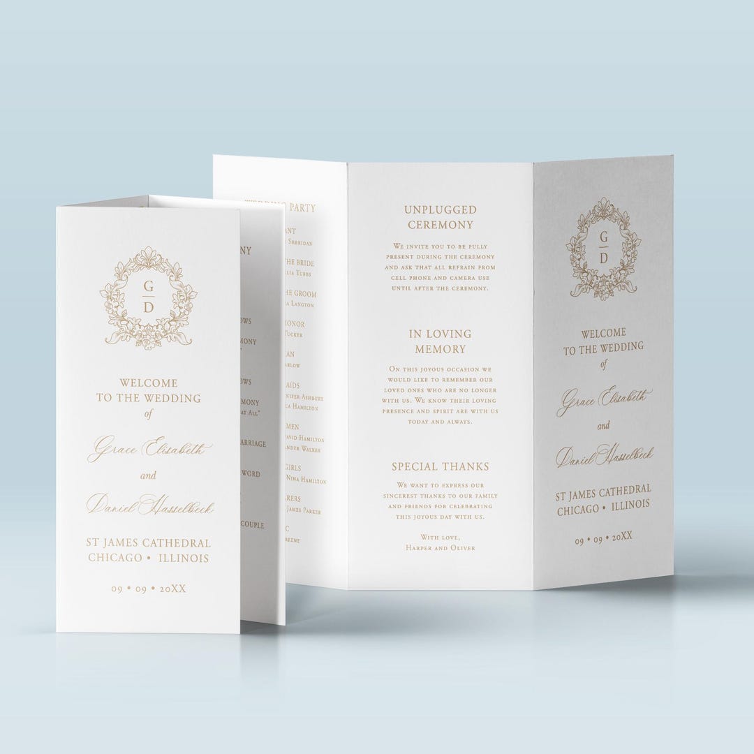 Trifold Wedding Program Template - Gold Decorative Monogram Crest, Tri ...