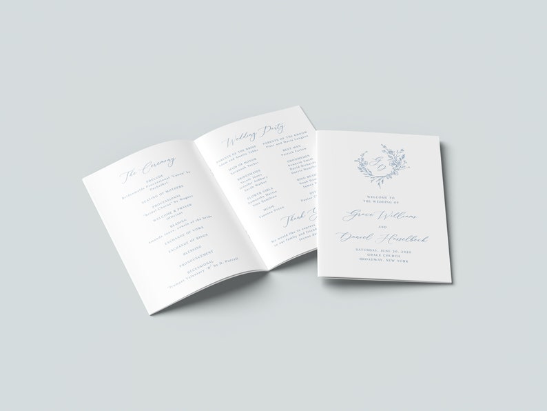 Dusty Blue Bi-fold Wedding Program Template 4 Pages Monogram Folded ...