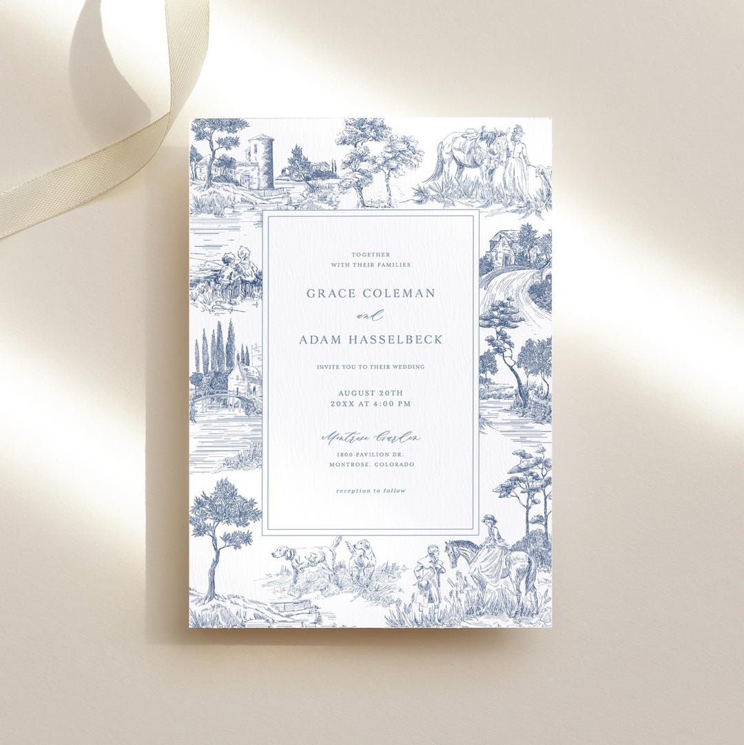 Toile Wedding Invitation Template With Frame - Classic Dusty Blue ...