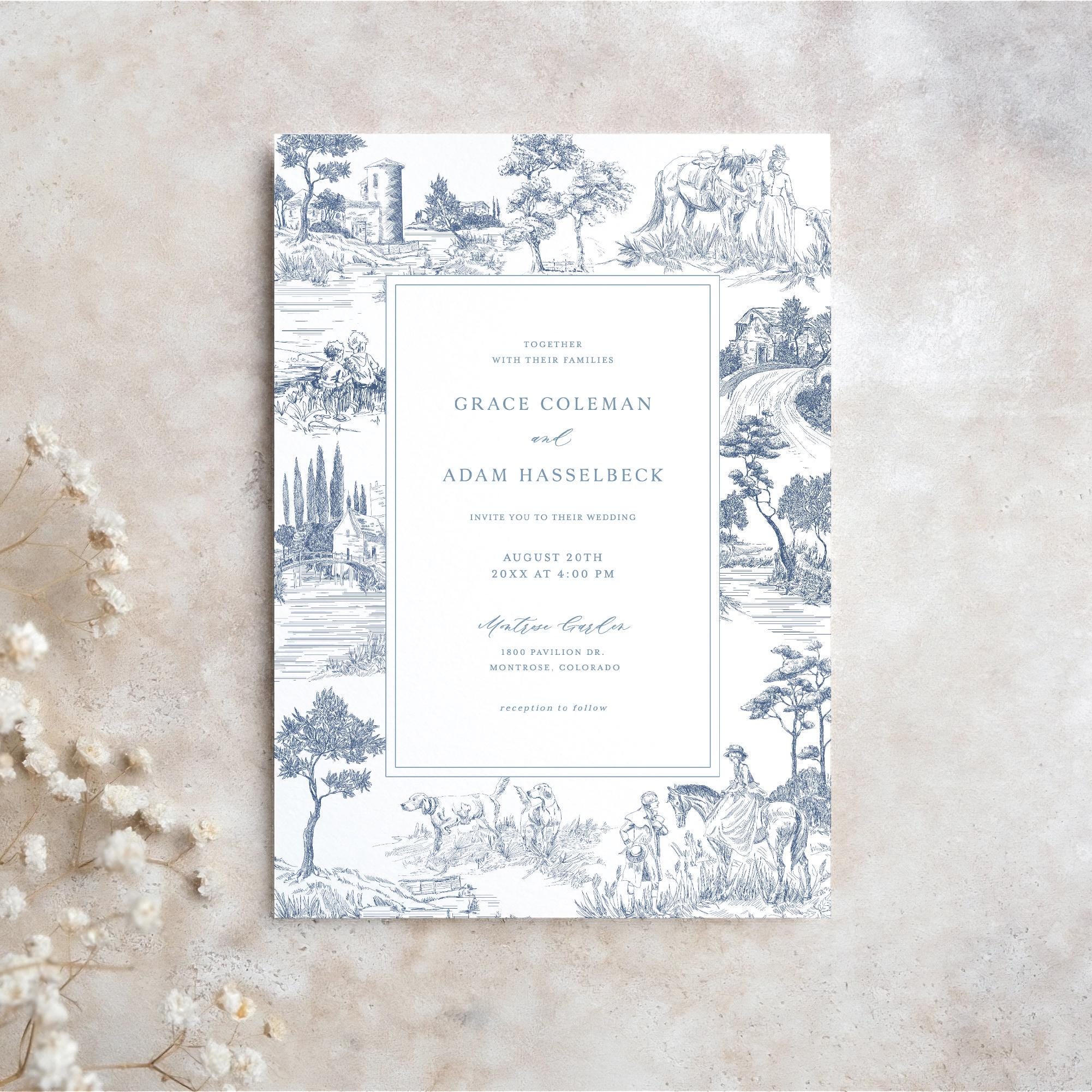 Toile Wedding Invitation Template With Frame Classic Dusty Blue Elegant ...
