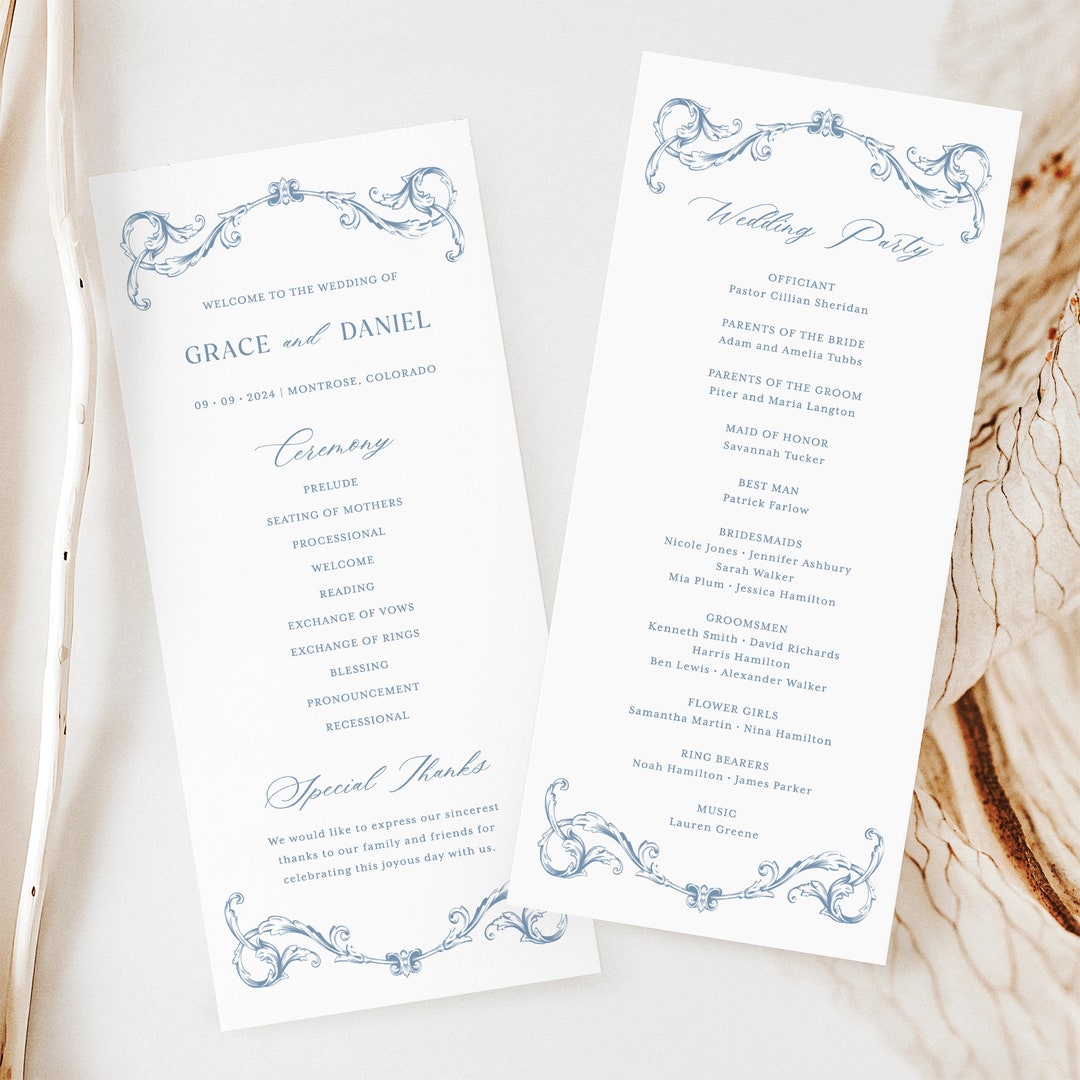 Vintage Frame Wedding Program Long Template - Elegant Dusty Blue Editable Tall Church Card ...