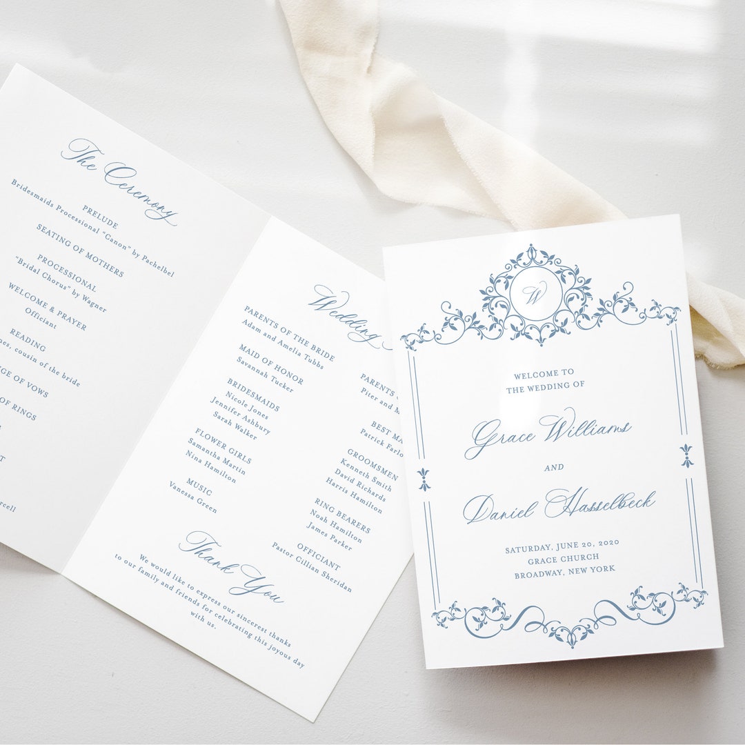 Vintage Frame Bi-fold Wedding Program Template - Initial Crest, Dusty ...