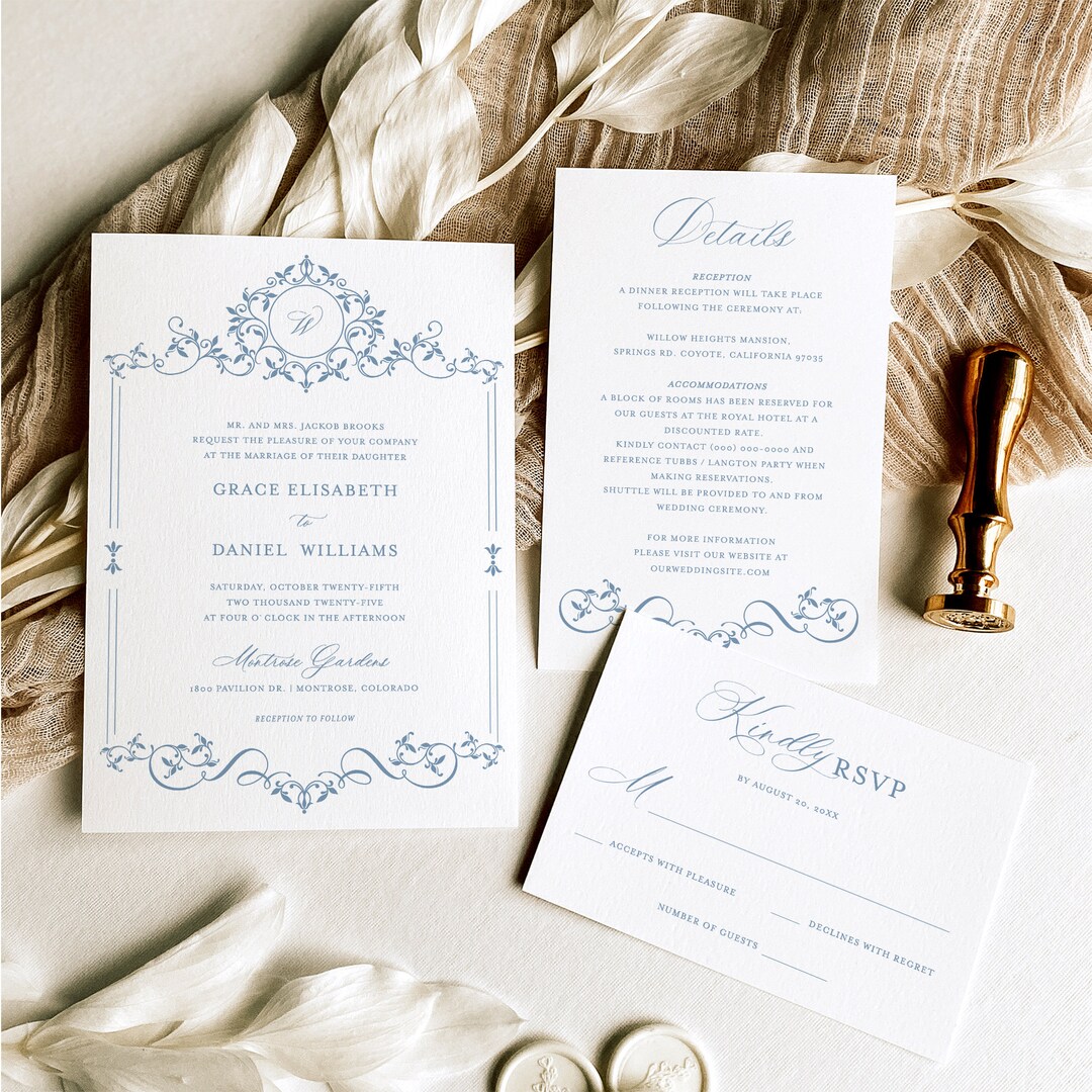 Monogram Wedding Invitation Suite Template Regency Era Vintage Frame, Dusty Blue Invite and RSVP ...