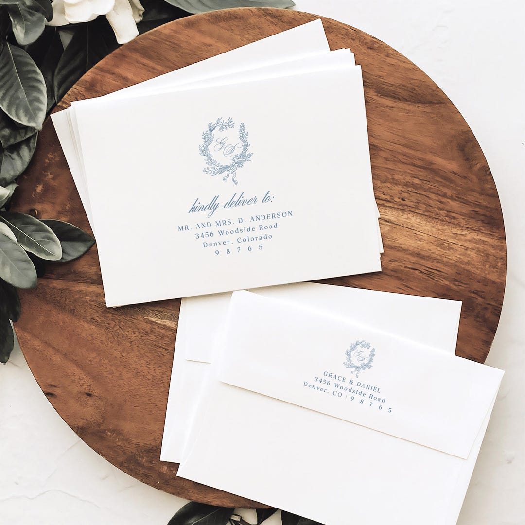 Dusty Blue Envelope Addressing Template With Floral Wreath and Bow ...
