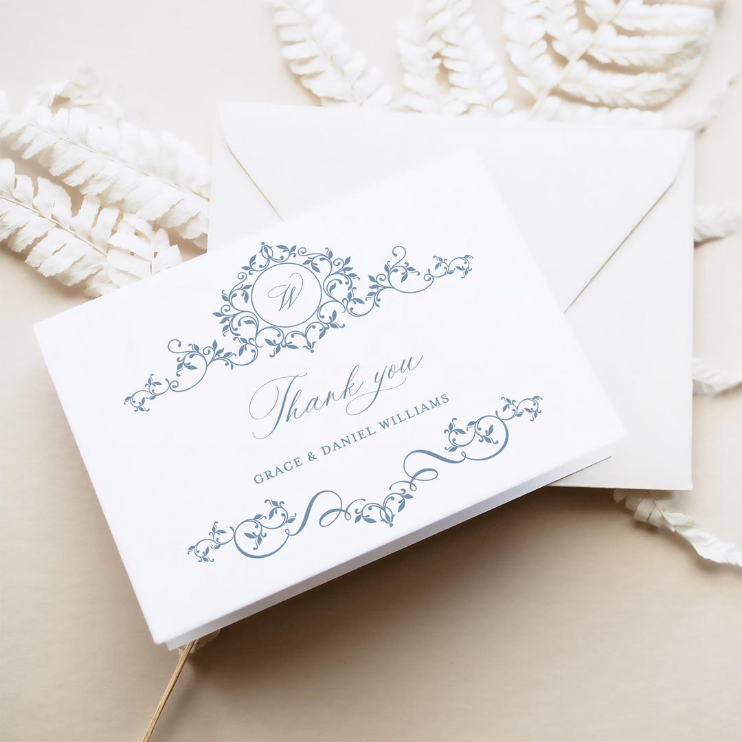 Wedding Thank You Card Template With Vintage Frame & Initial Crest ...