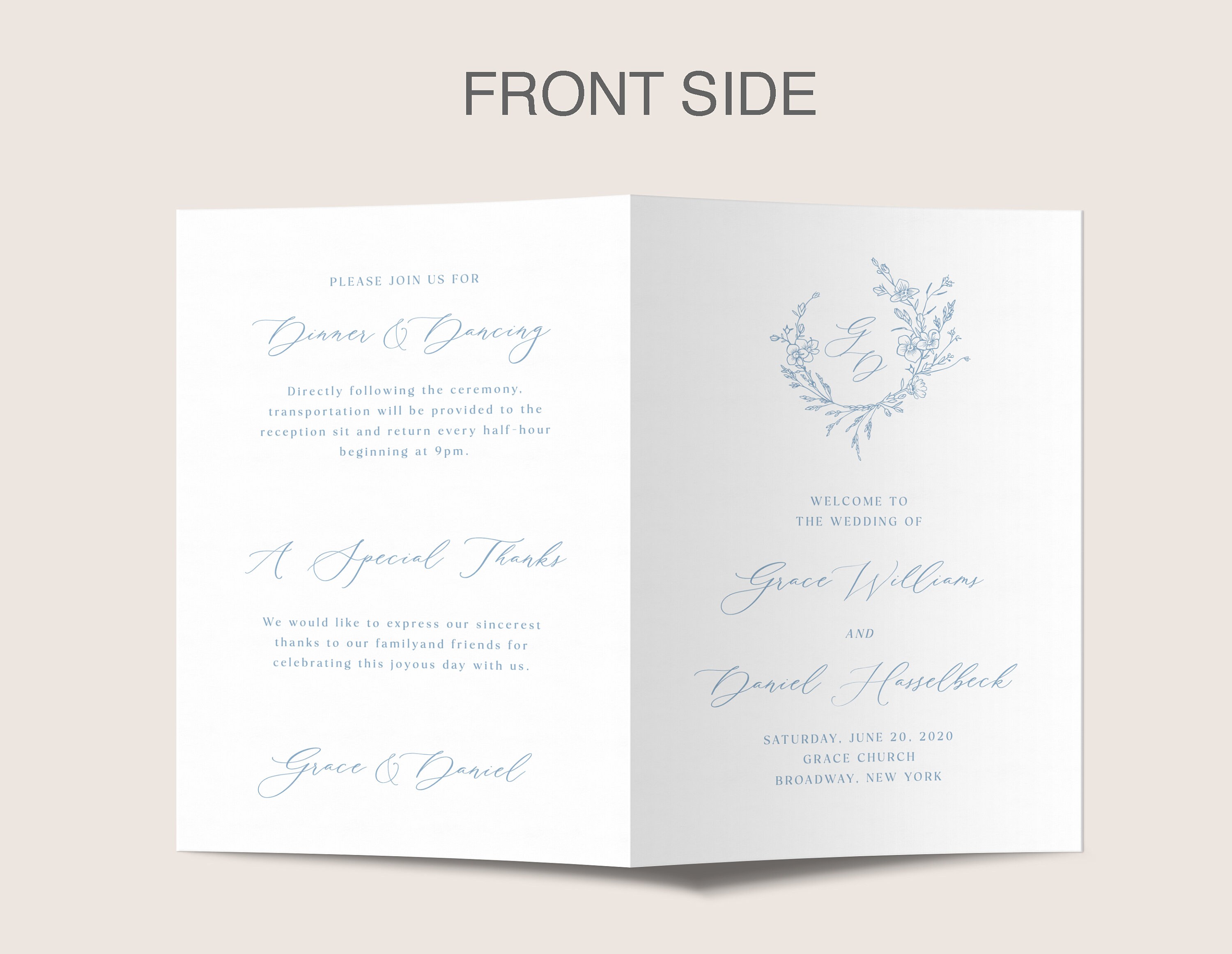 Dusty Blue Bi-fold Wedding Program Template 4 Pages Monogram Folded ...
