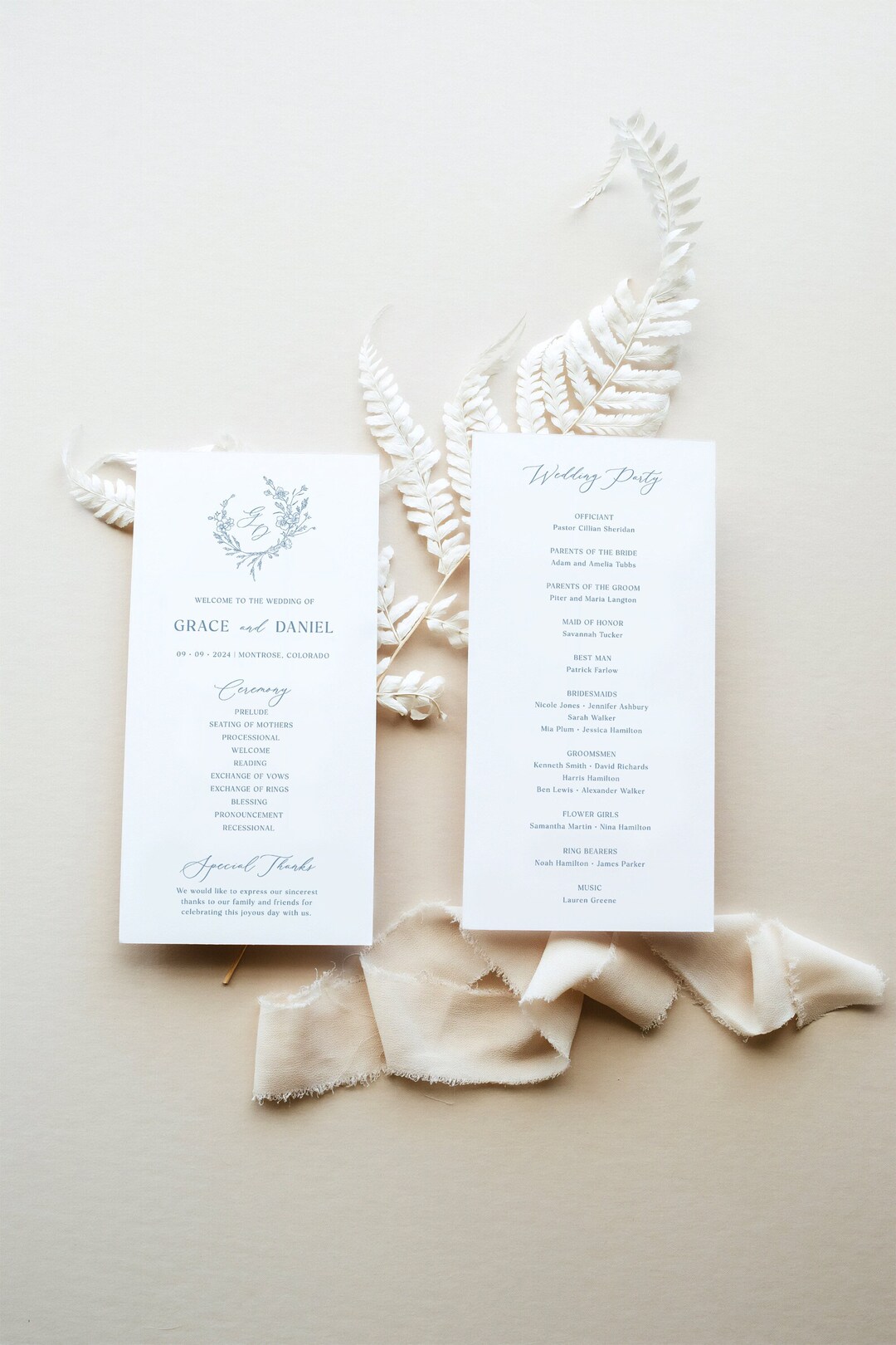 Monogram Wedding Program Long Template Dusty Blue Catholic Ceremony ...