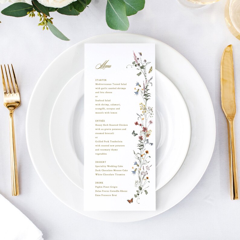 Wildflower Wedding Menu Template With Butterfly Secret - Etsy