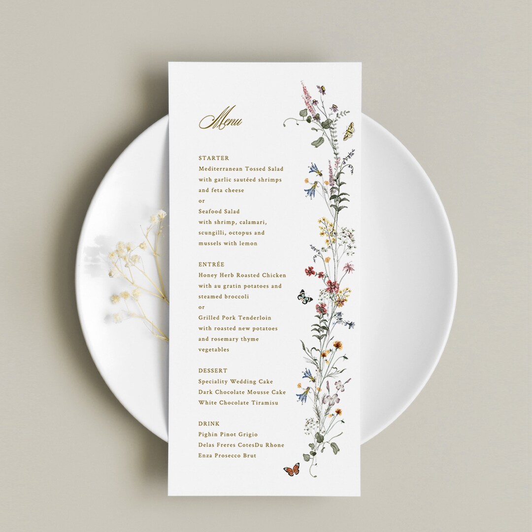 Wildflower Wedding Menu Template With Butterfly Secret Garden, Delicate ...
