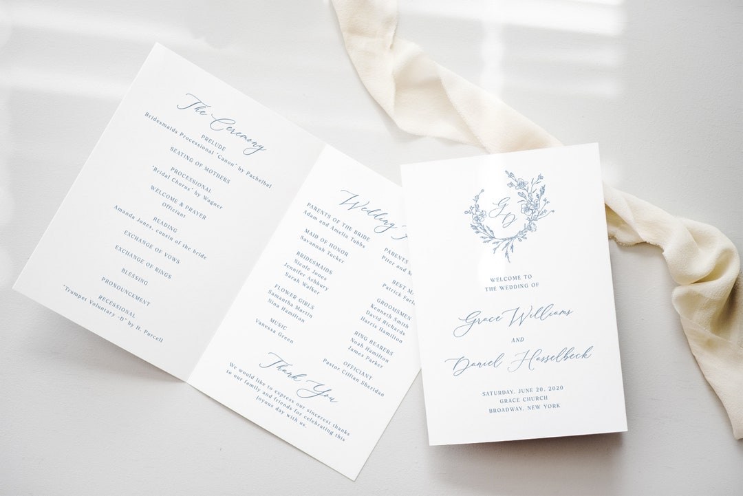 Dusty Blue Bi-fold Wedding Program Template 4 Pages Monogram Folded ...