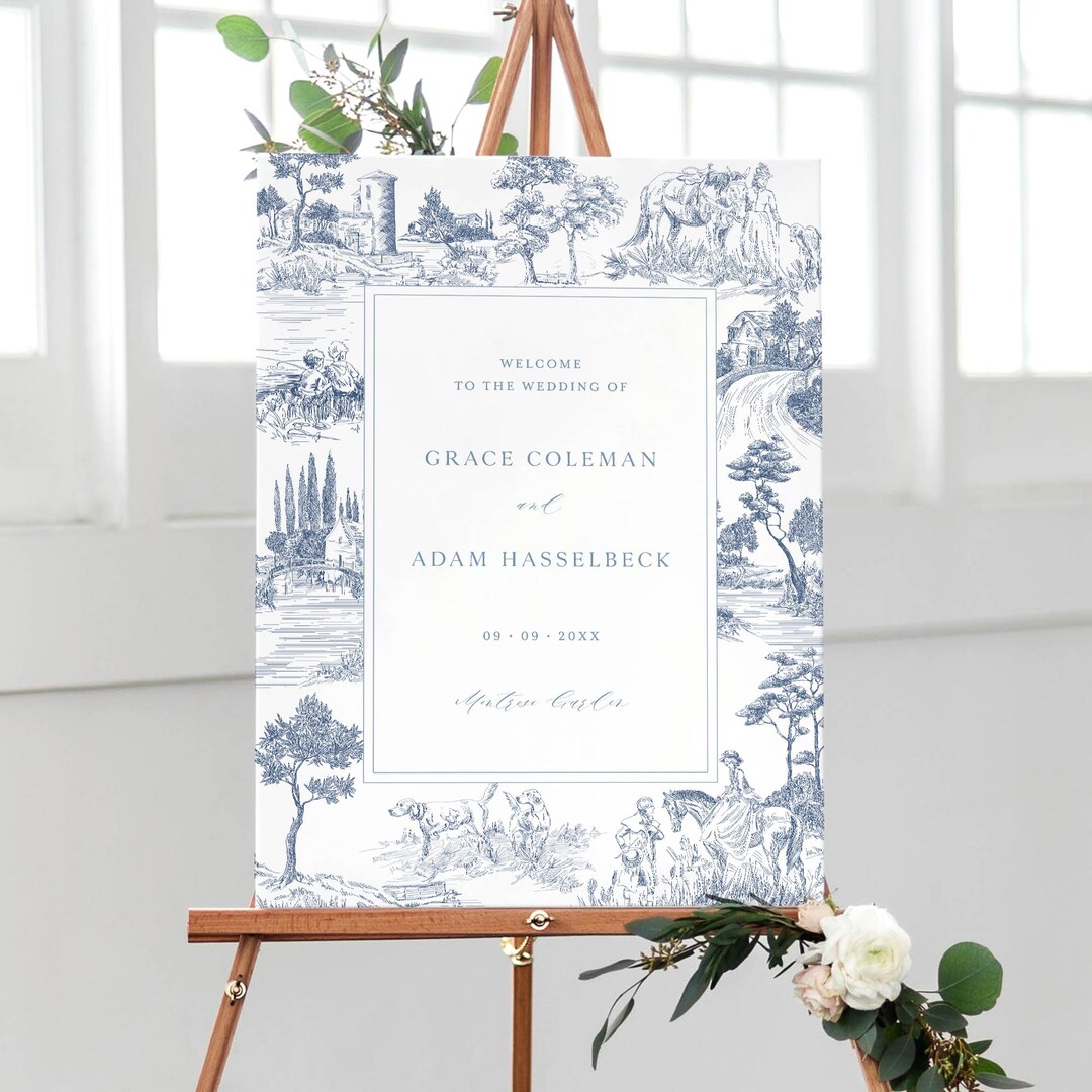 Toile Wedding Welcome Sign Template With Frame - Dusty Blue Elegant ...