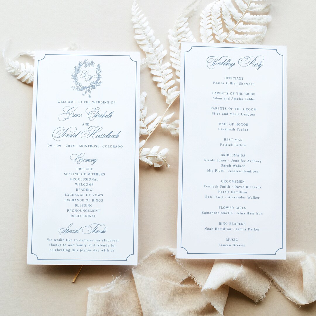 Vintage Style Wedding Program Template With Floral Wreath - Classic ...