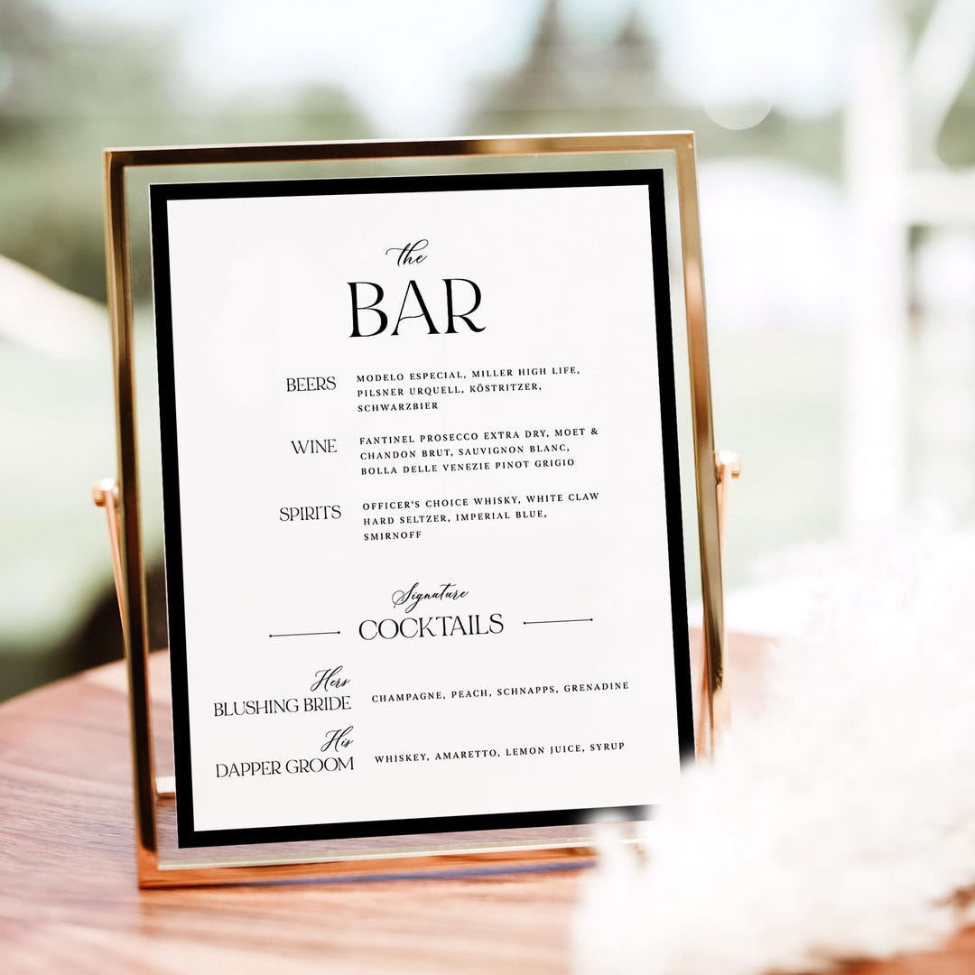 Wedding Bar Menu Sign Template With Elegant Font - Signature Cocktails ...