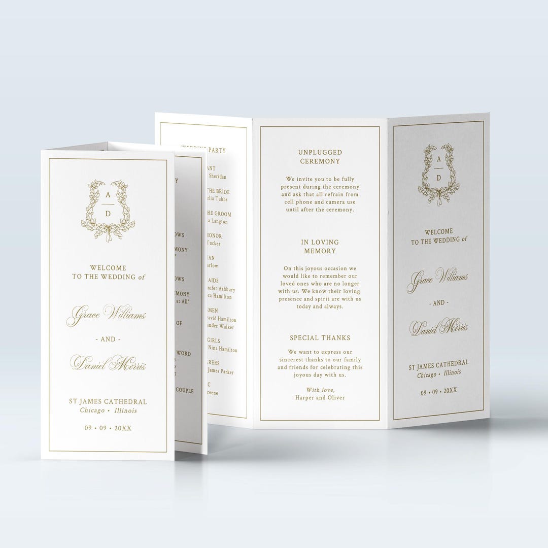 Trifold Wedding Crest Program Template With Initial Crest - Editable ...