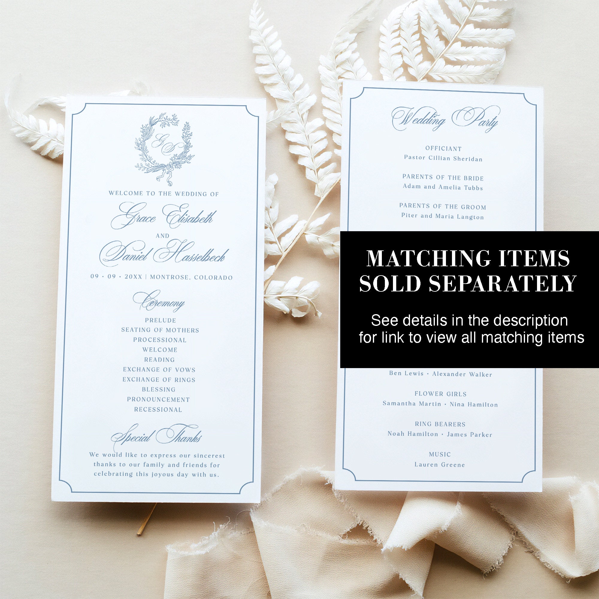Vintage Bi-fold Wedding Program Template Initial Crest, Dusty Blue 4 ...