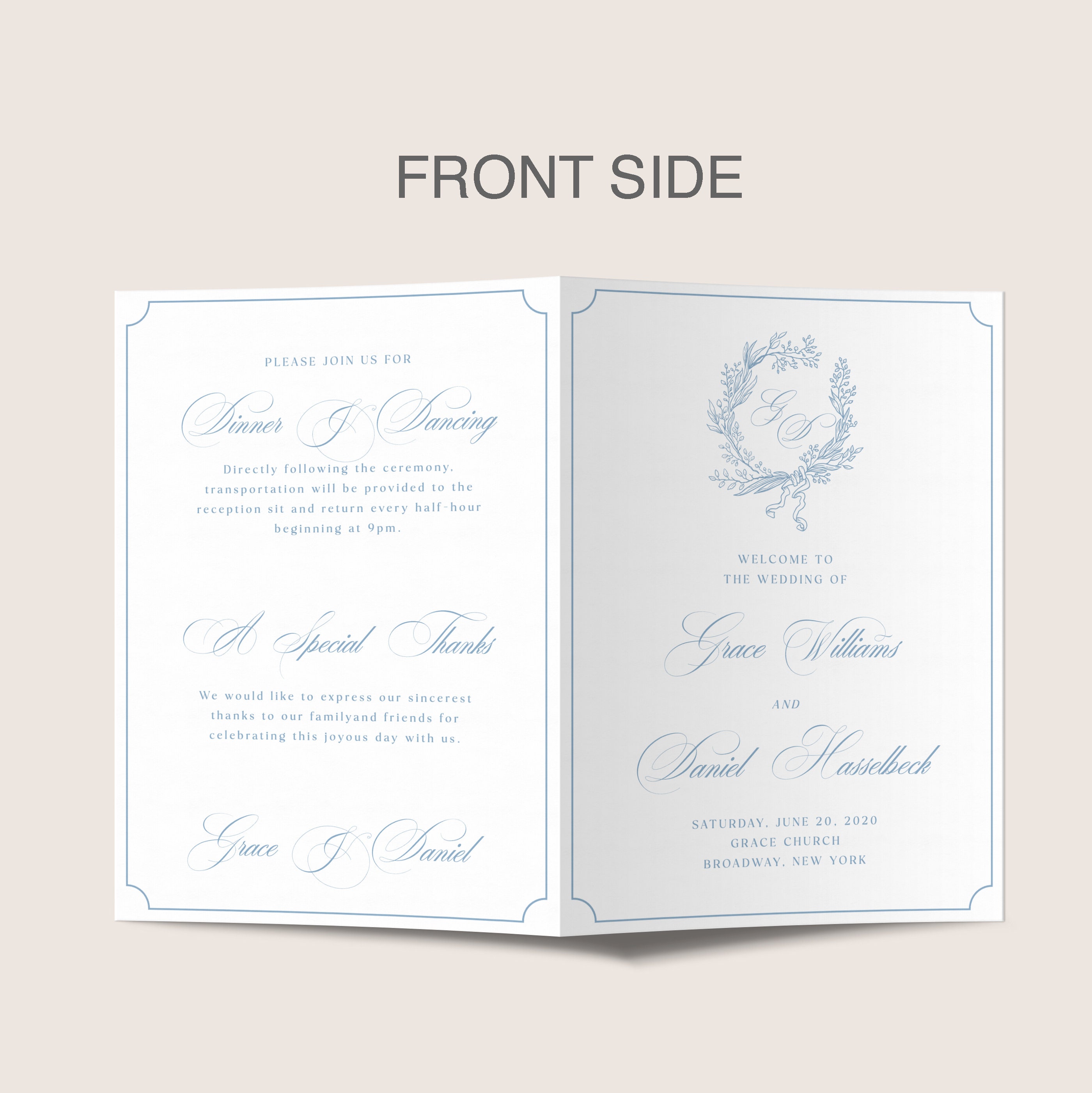 Vintage Bi-fold Wedding Program Template Initial Crest, Dusty Blue 4 ...