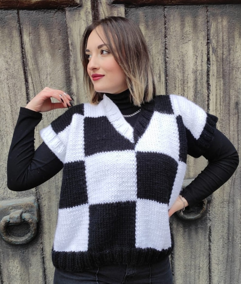 Wednesday Addams Jenna Black-white Sweater Vest, Handknit Oversize ...