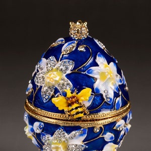Floral Beehive Crystal Faberge Style Floral Hinged Egg. Blue and Yellow ...