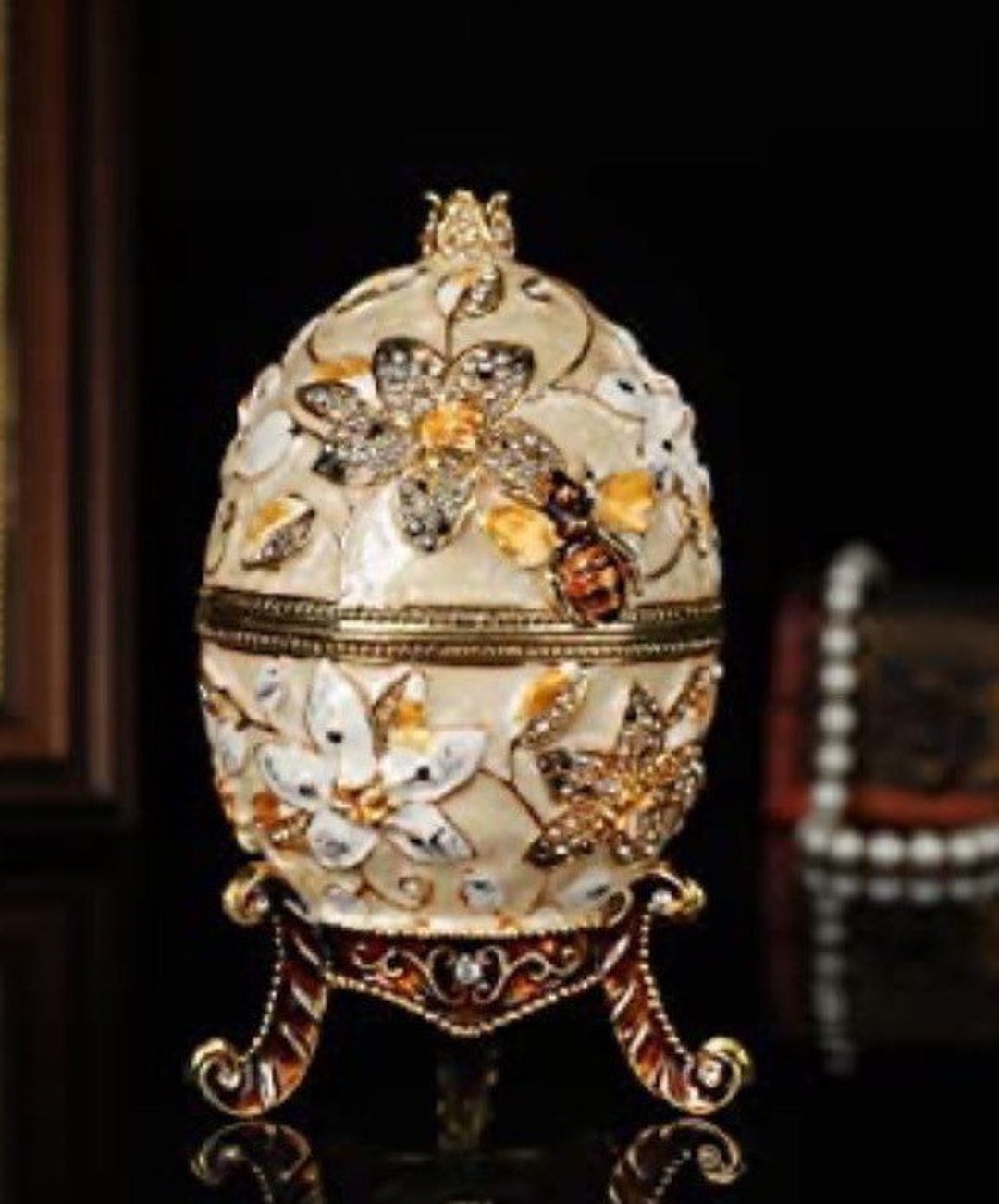 Big Spring Pearl and Cream Bee and Flower Faberge Egg Done in Swarovski ...
