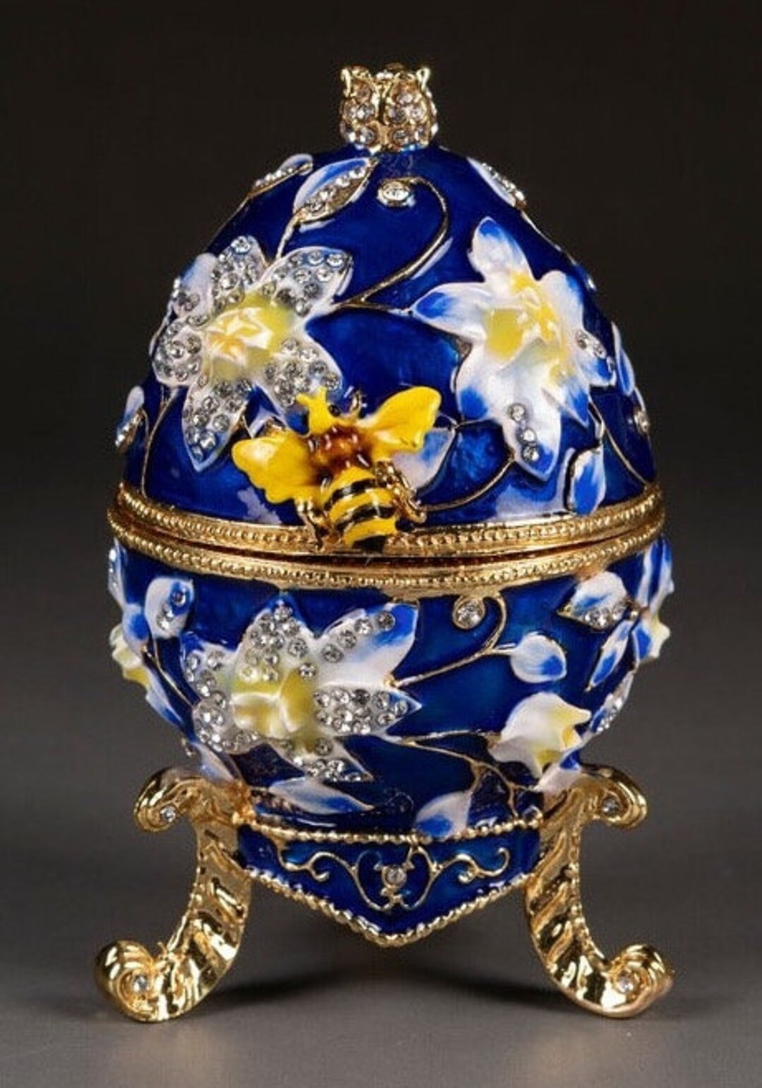 Floral Beehive Crystal Faberge Style Floral Hinged Egg. Blue and Yellow ...