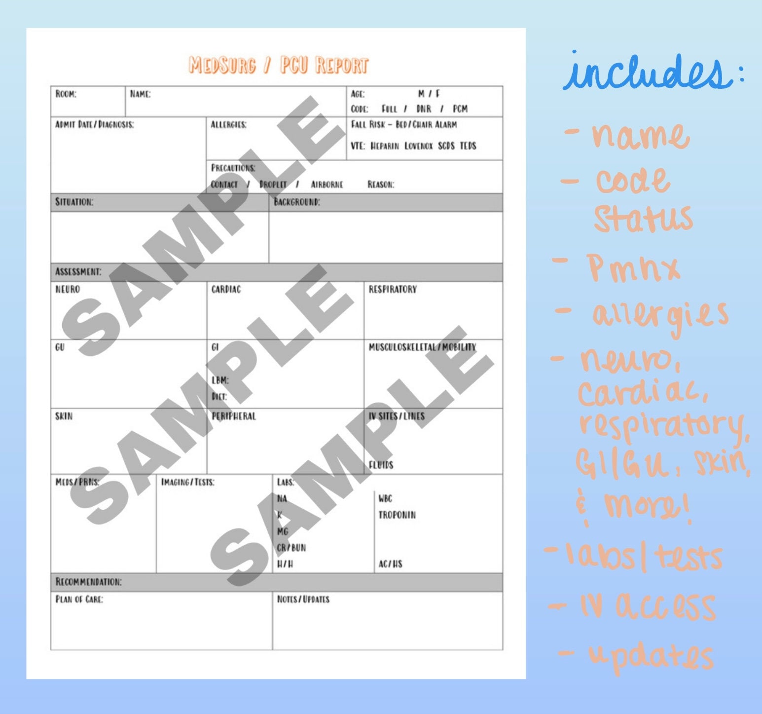 PRINTABLE Medsurg or PCU Nurse Report Sheet // Best Product for a Quick ...