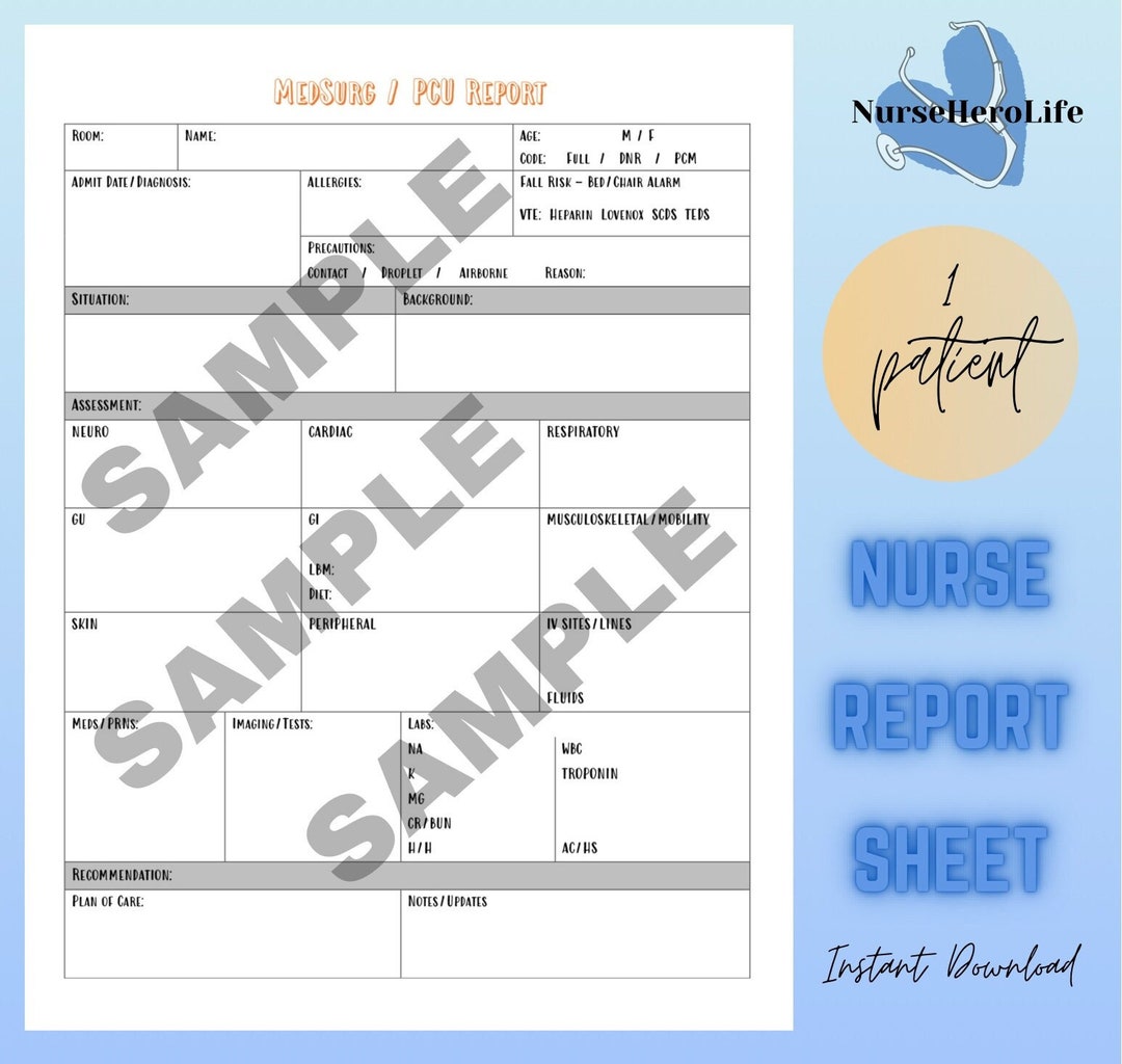 PRINTABLE Medsurg or PCU Nurse Report Sheet // Best Product for a Quick ...