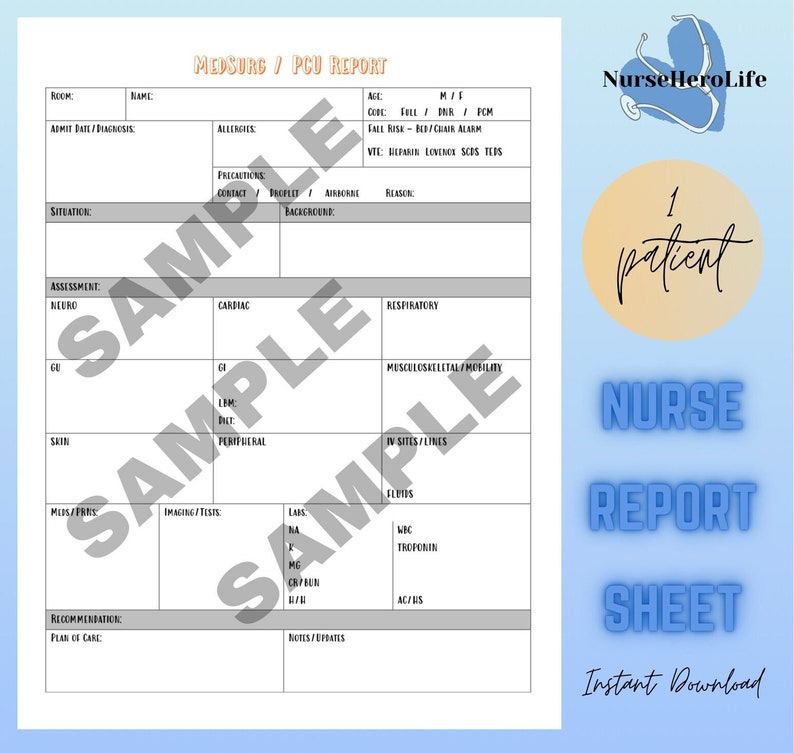 PRINTABLE Medsurg or PCU Nurse Report Sheet // Best Product for a Quick ...