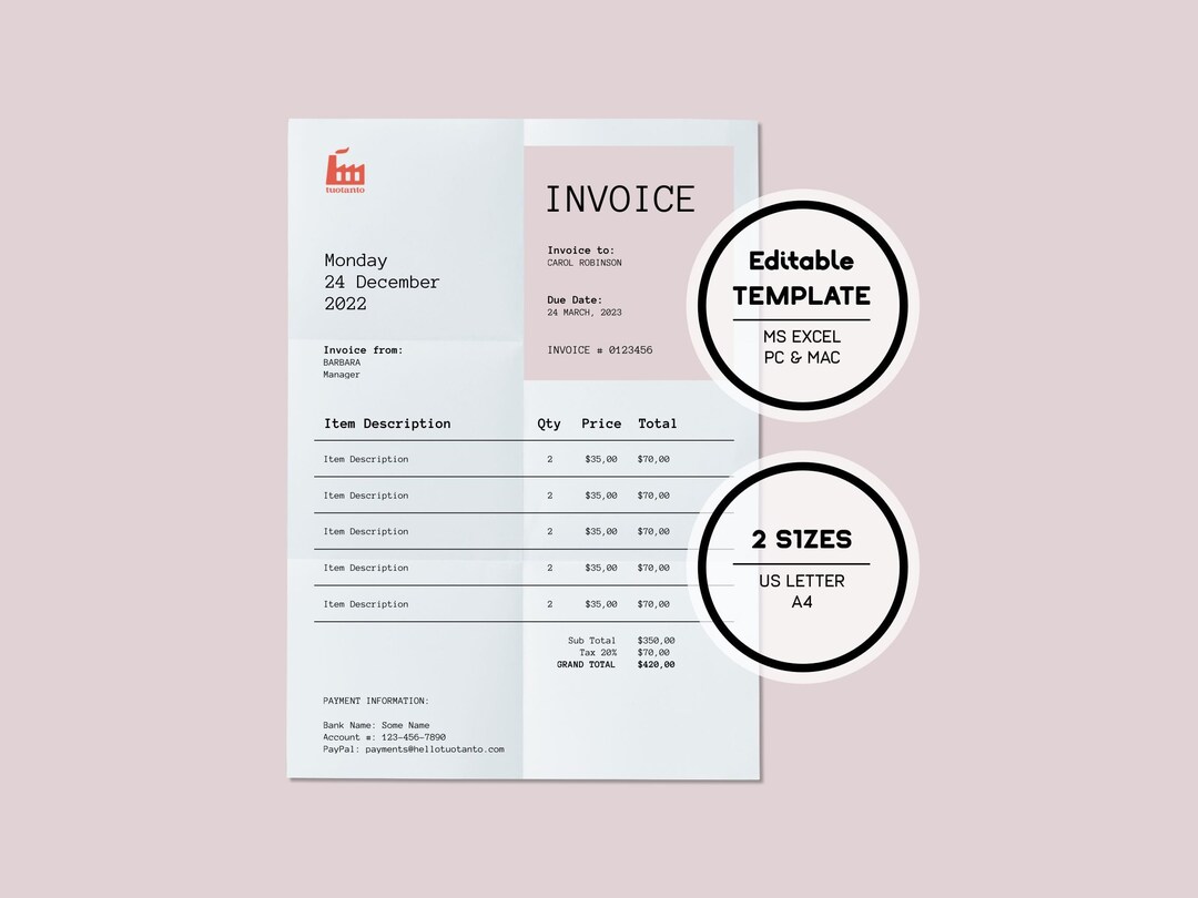 Invoice Template N15, Tuotanto, Excel Template, Downloadable, US Letter ...