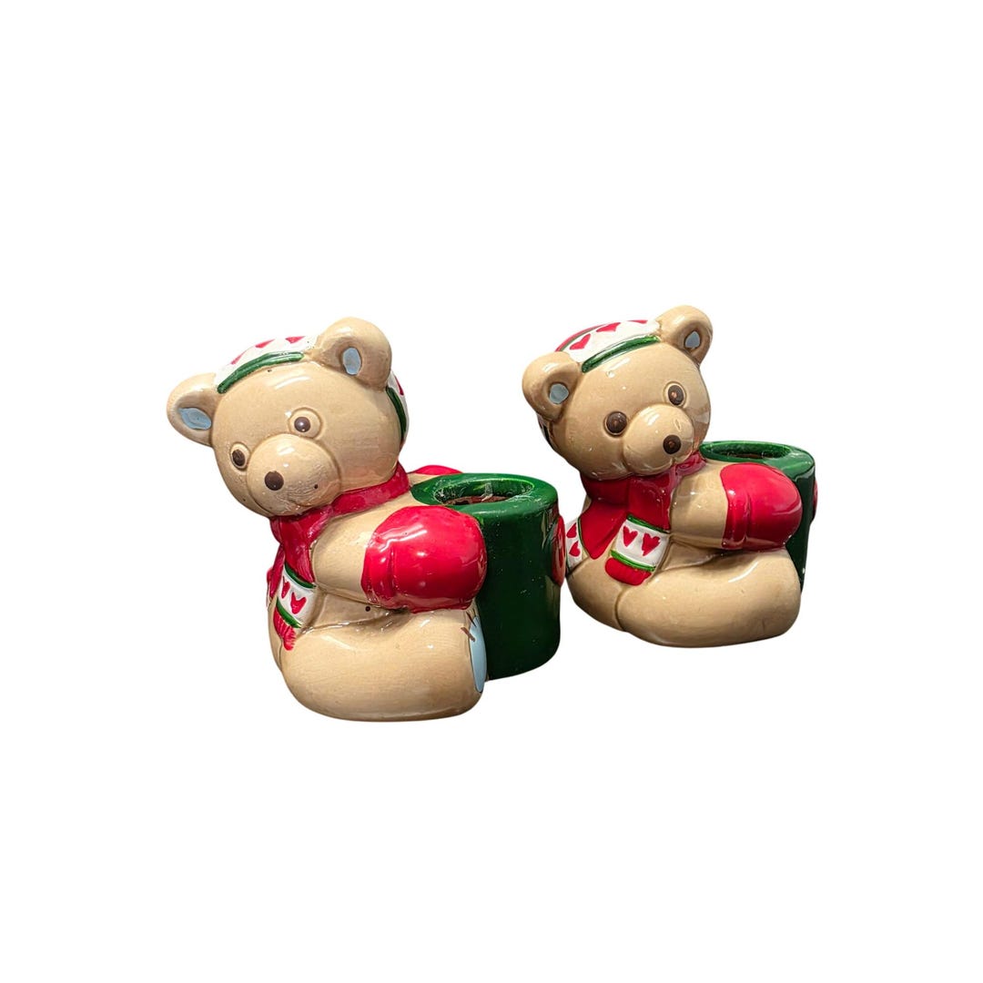 Vintage Teddy Bear Candle Holders: Christmas Holiday Decor Pair - Etsy