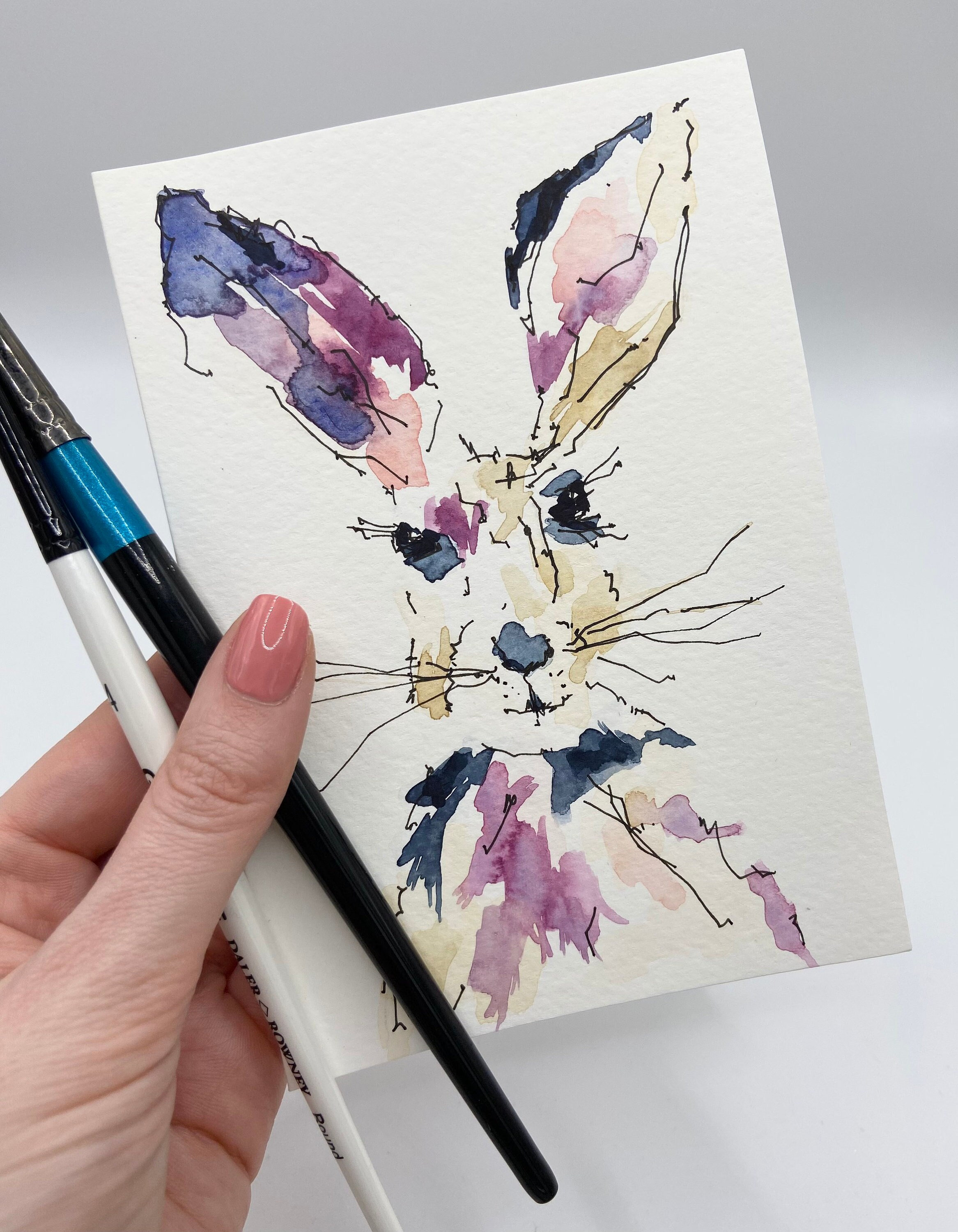 Watercolour Hare Card Handpainted & Ink Hare Handmade A6 Gift Message ...