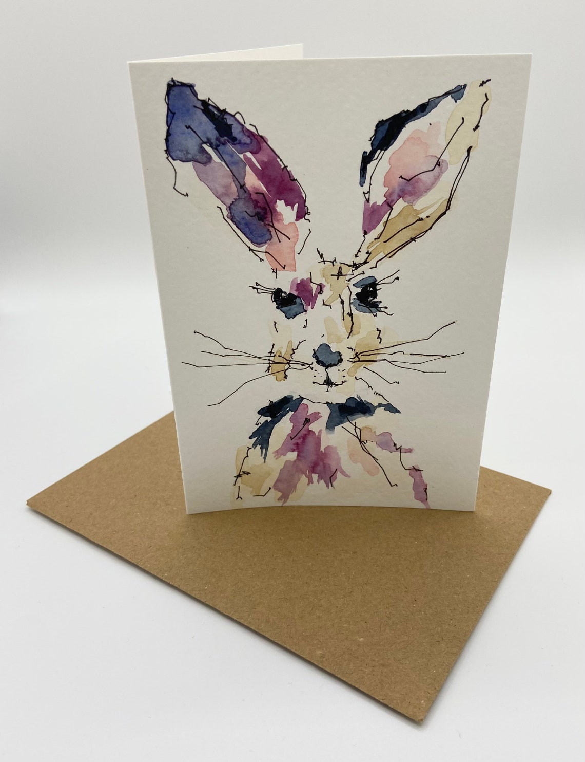 Watercolour Hare Card Handpainted & Ink Hare Handmade A6 Gift Message ...