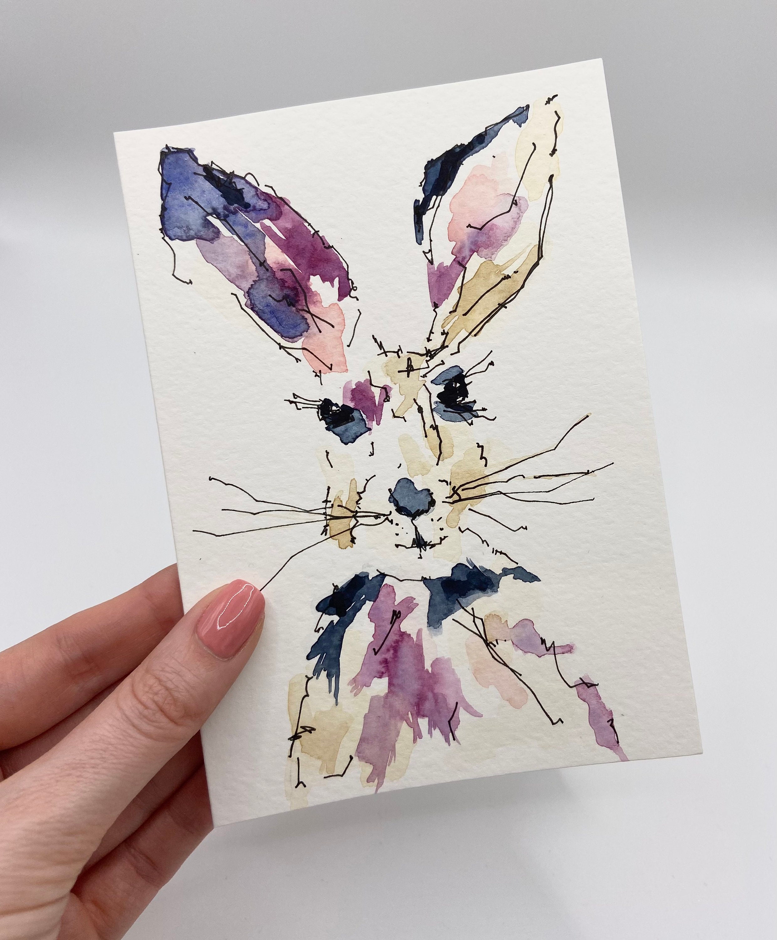 Watercolour Hare Card Handpainted & Ink Hare Handmade A6 Gift Message ...