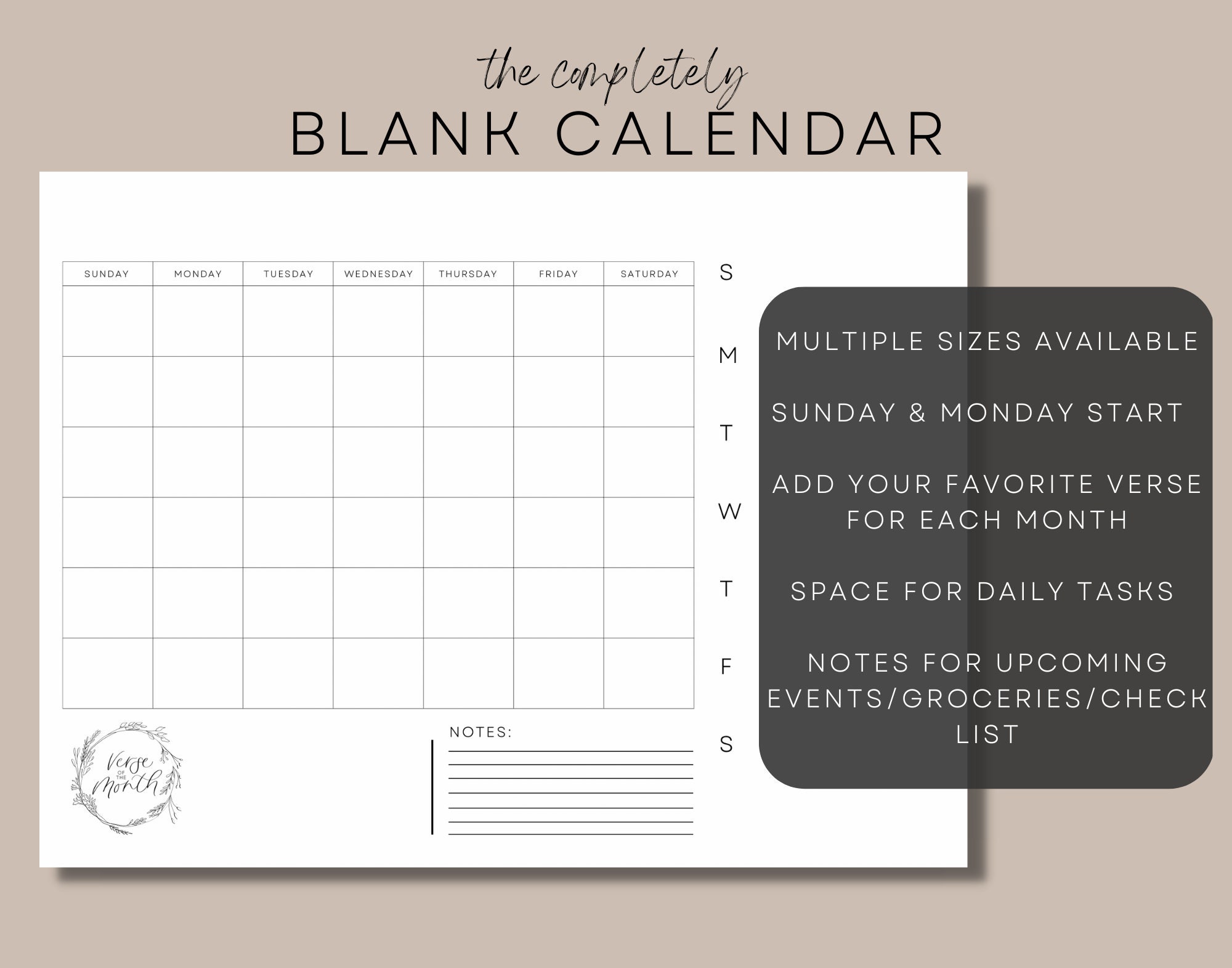 Blank Wall Calendar | Minimalist Printable Calendar | 2024 Calendar ...
