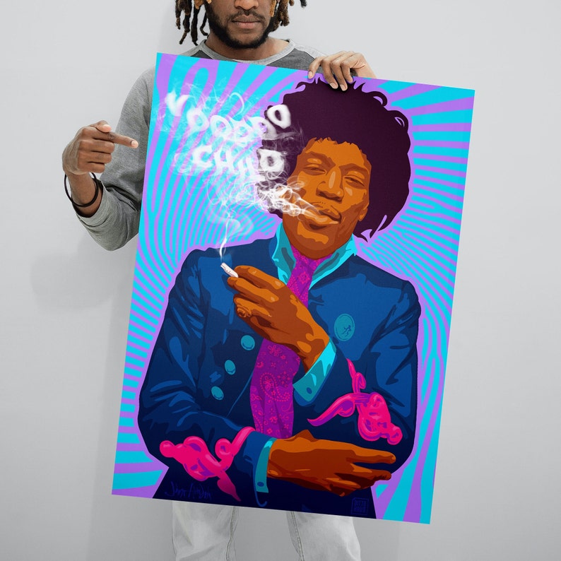 Jimi Hendrix Voodoo Child Fan Art Poster - Blues, Teal, Lavender ...